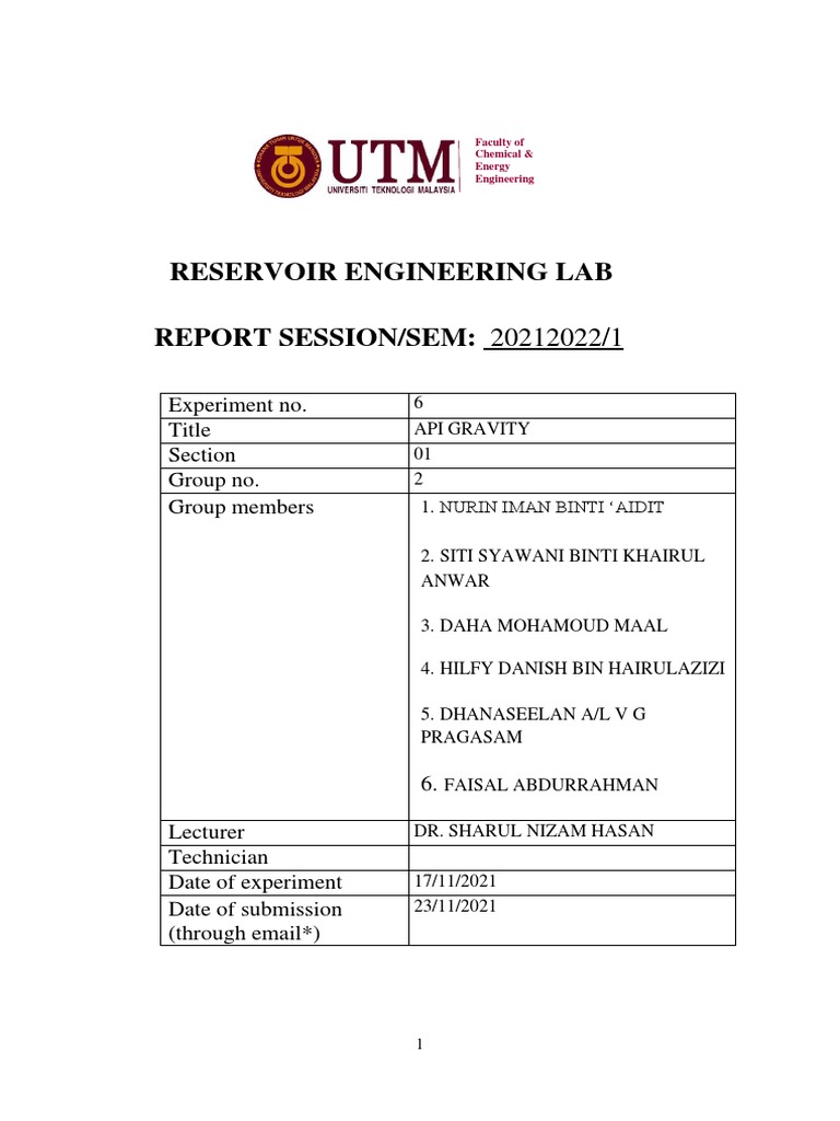 Reservoir Engineering Lab REPORT SESSION/SEM: 20212022/1: Experiment No ...