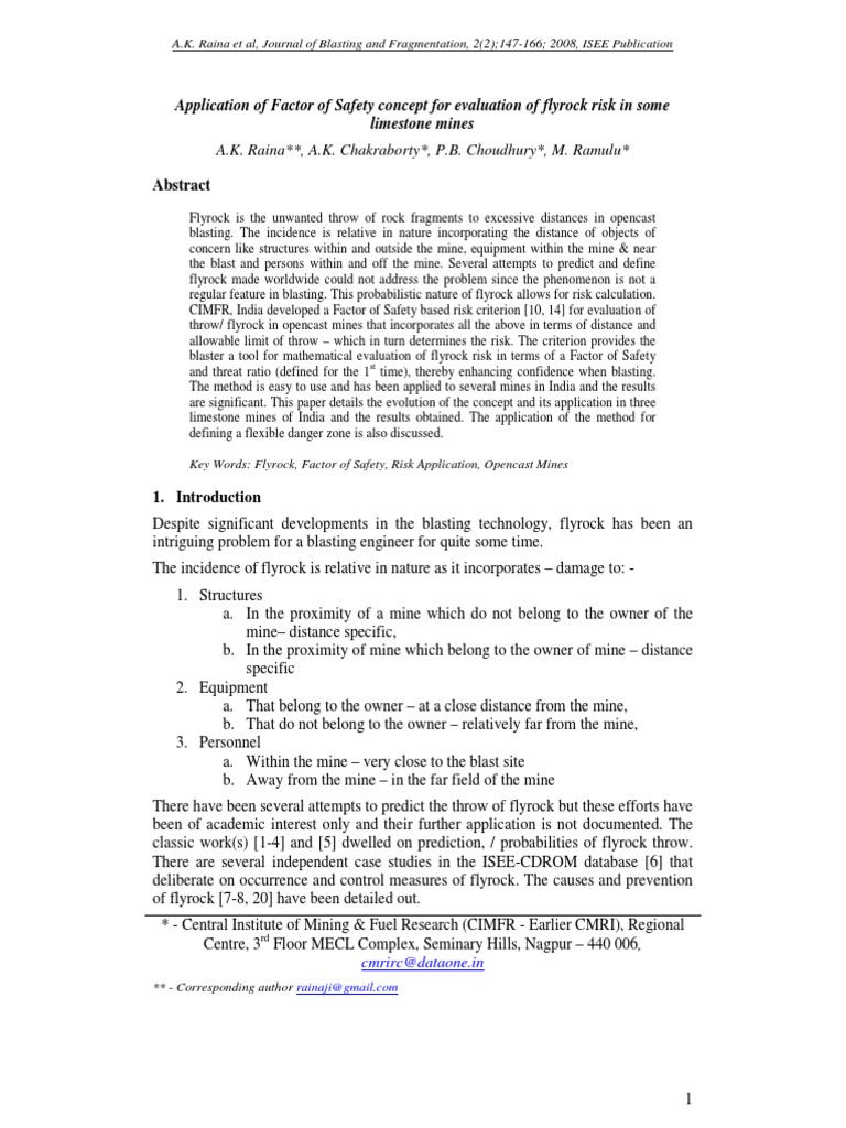 Application of a Factor of Safety Concept for Evaluating Flyrock Risk in Limestone Mines Through ...