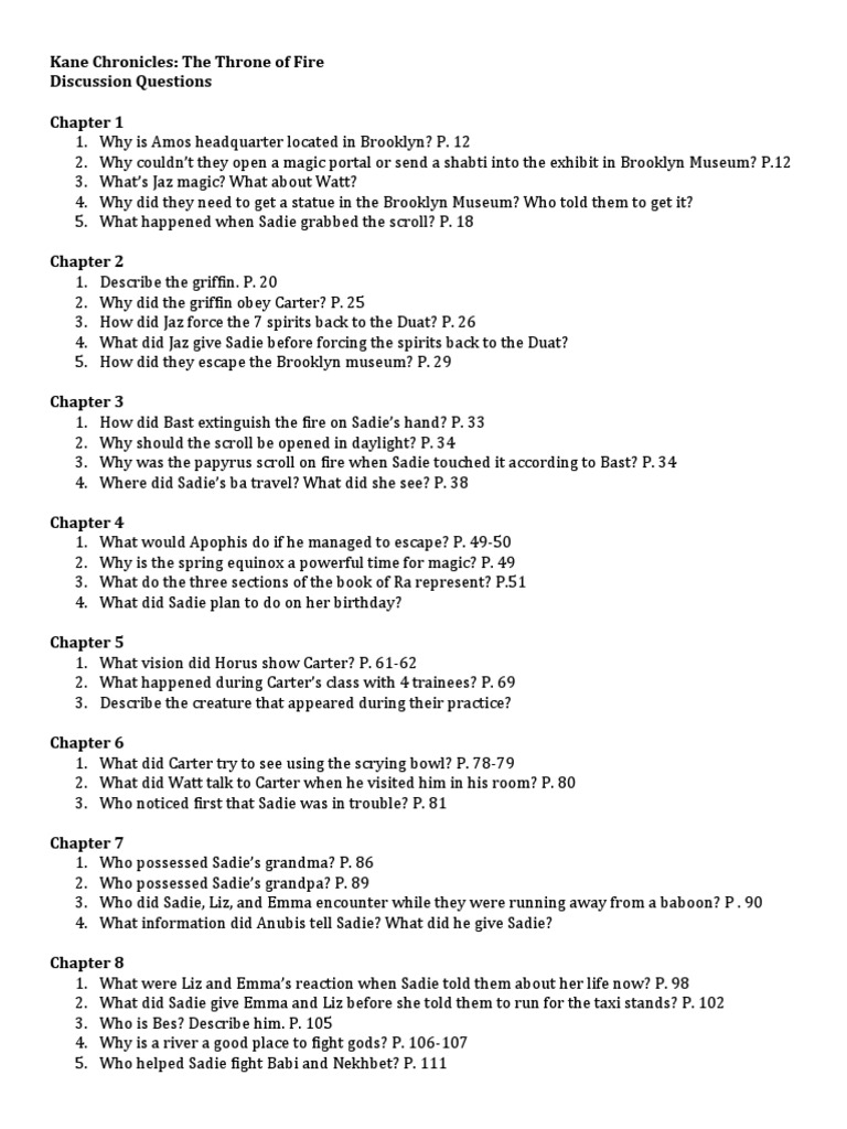 Kane Chronicles Throne of Fire Discussion Questions Summary | PDF ...