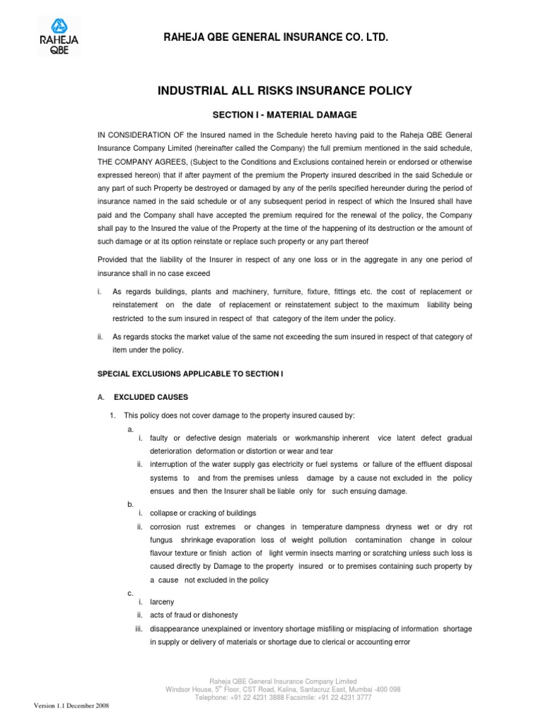 Industrial All Risks - Policy Wording | Download Free PDF | Insurance ...