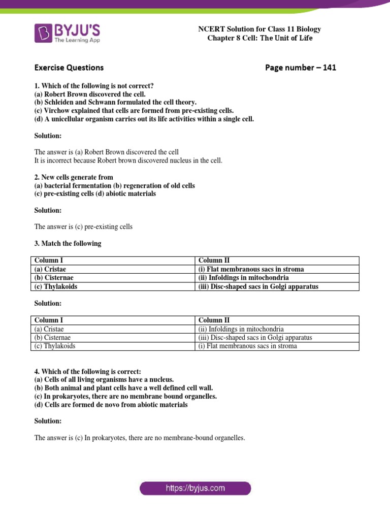 NCERT Solution For Class 11 Biology Chapter 8 Cell The Unit of Life ...