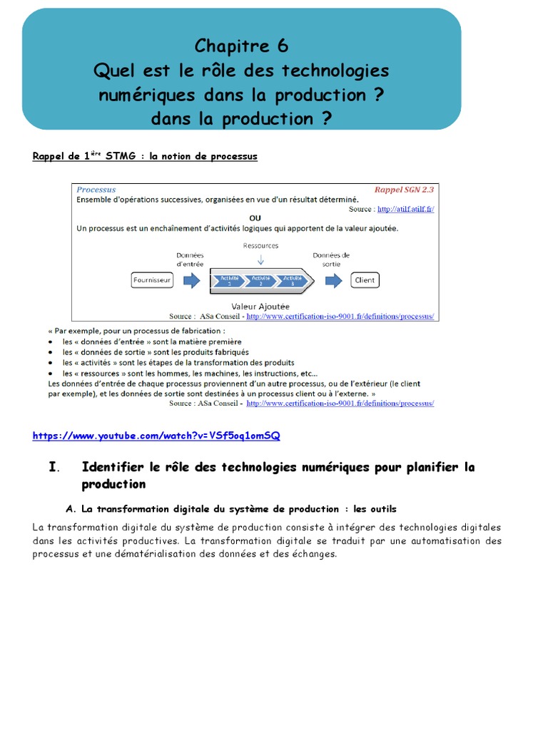 Chap 6 Quel Est Le Rôle Des Technologies Numériques Dans La Production