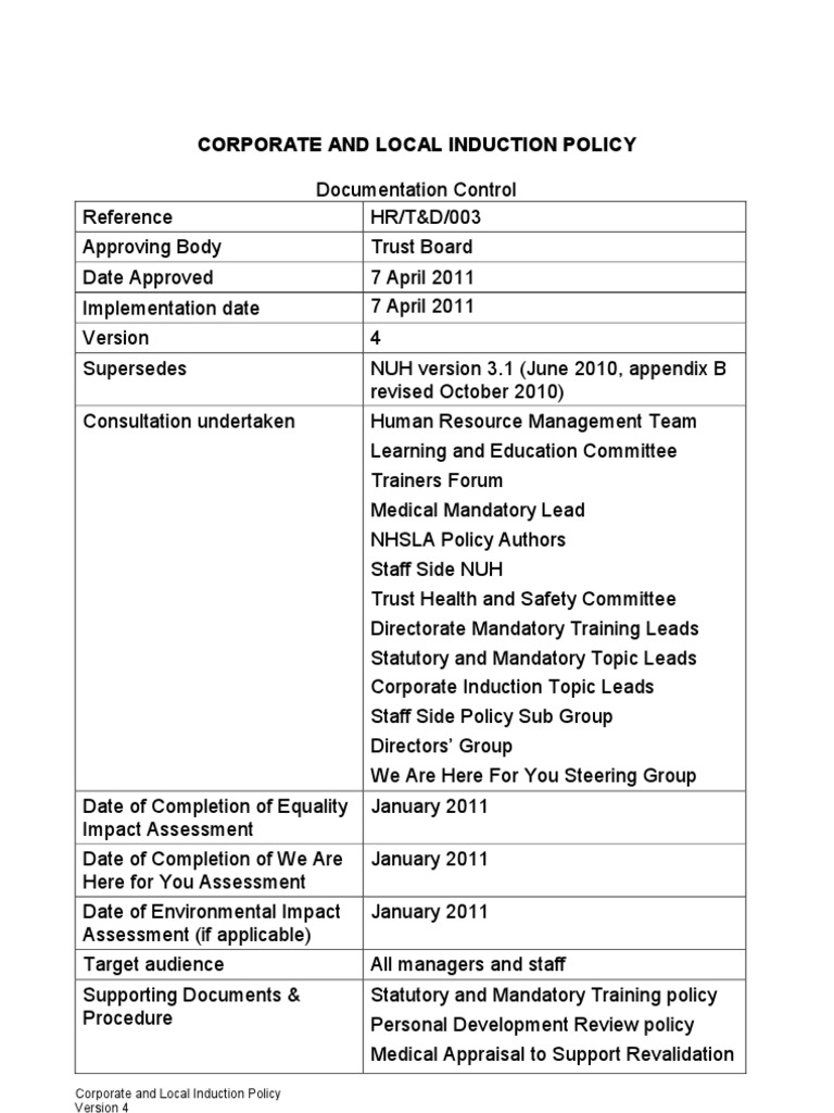 HRTD003 Corporate and Local Induction Policy | Mentorship | Employment