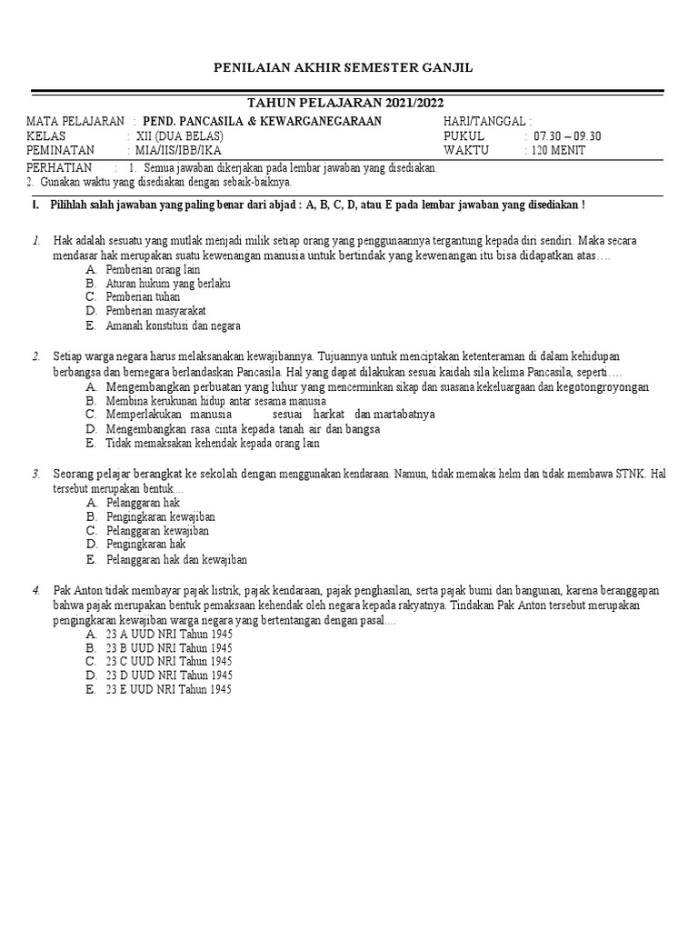 Latihan Soal PPKN 12 (8-12 | PDF