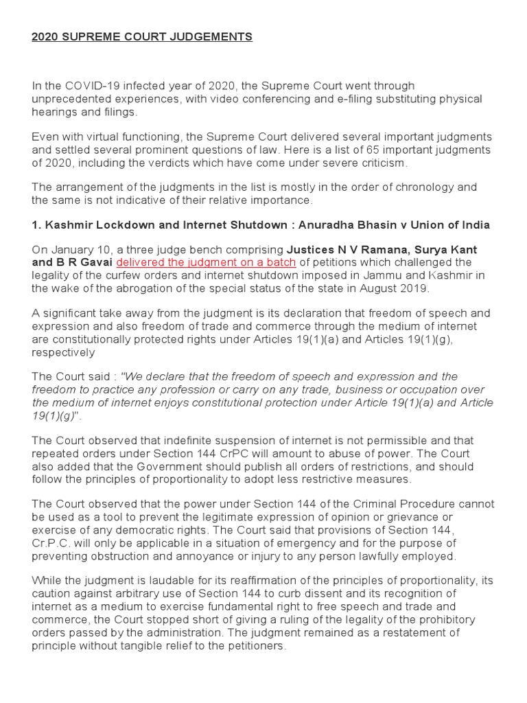 2020 SC Judgements | PDF | Supreme Court Of India | Supreme Court Of ...