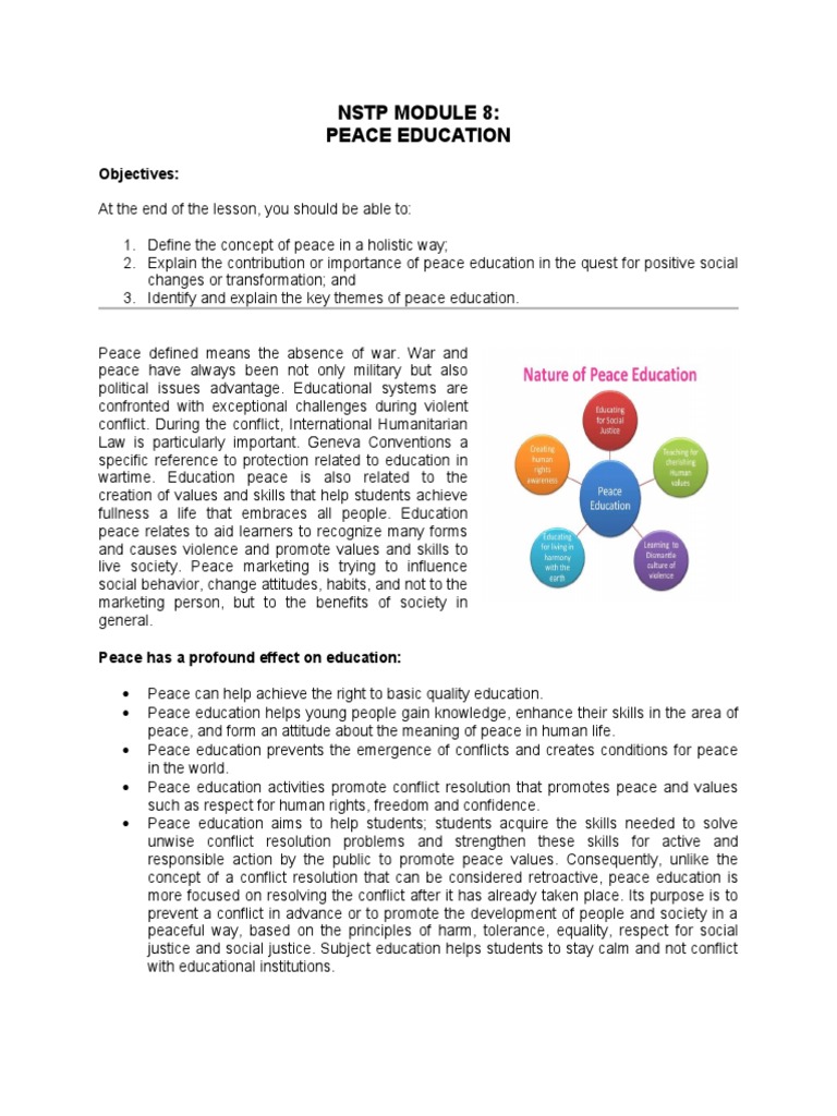 NSTP Module 8: Peace Education: Objectives | PDF | Peace | Violence