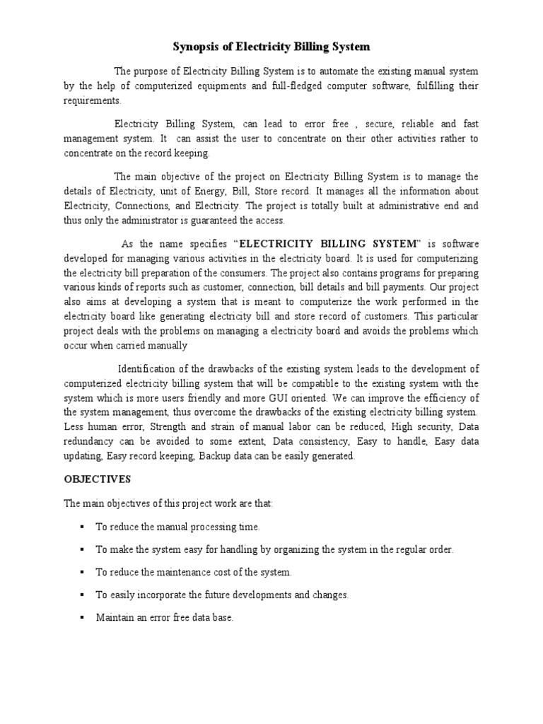 Synopsis of Electricity Billing System: Objectives | PDF | User (Computing) | Operating System