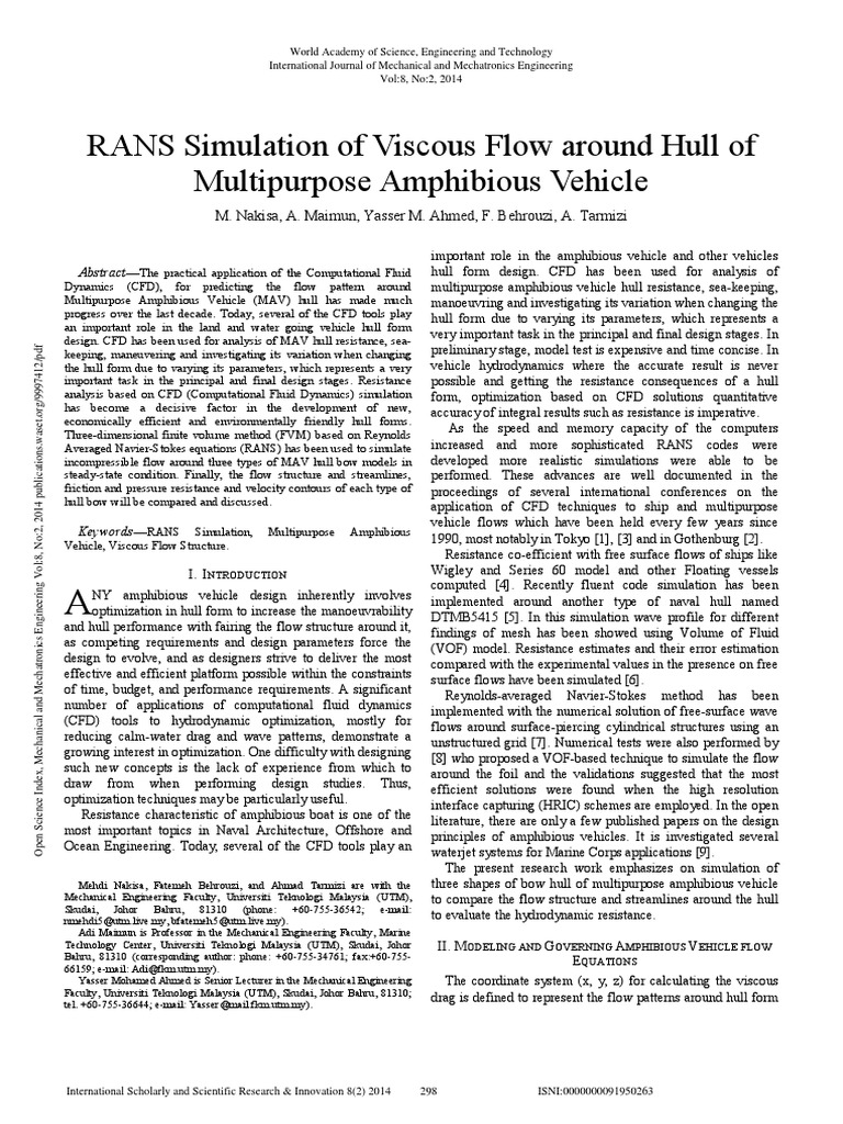 Rans Simulation of Viscous Flow Around Hull of Multipurpose Amphibious ...
