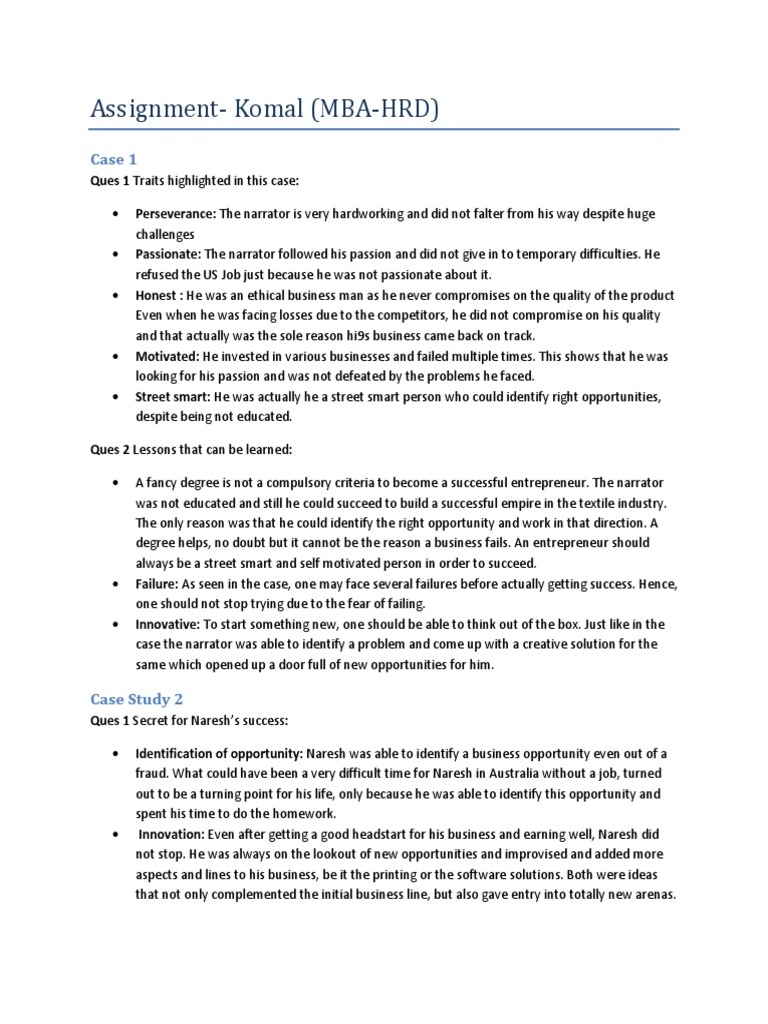 Assignment-Komal (MBA-HRD) : Case 1 | Descargar gratis PDF | Entrepreneurship | Cognition