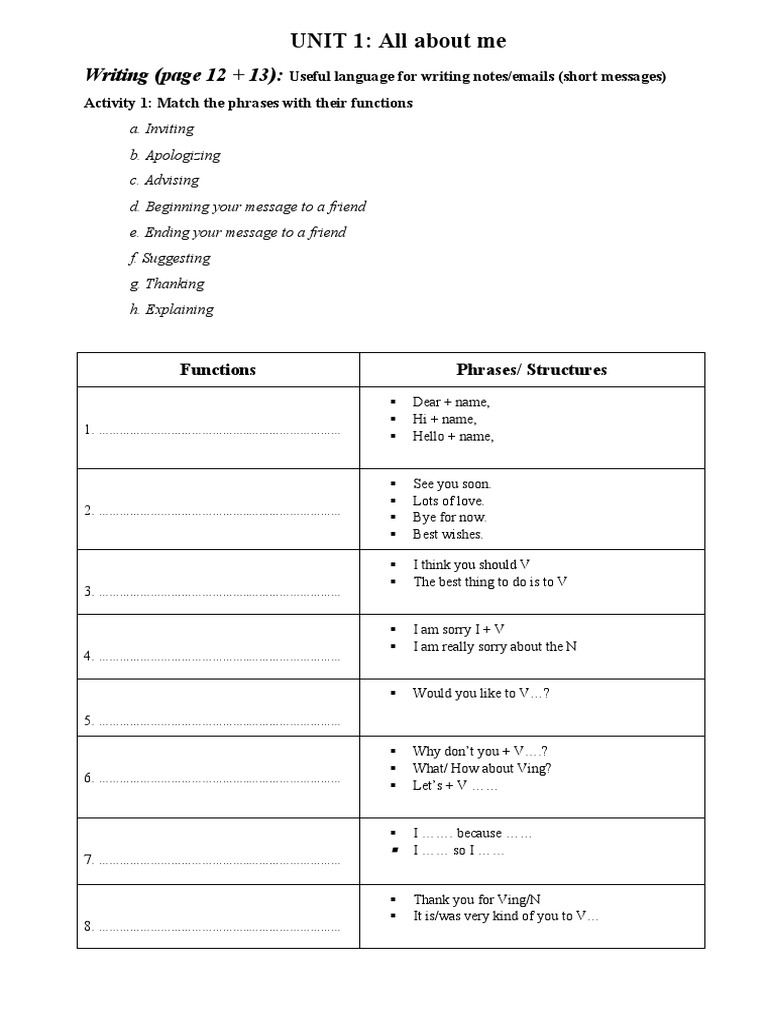 UNIT 1: All About Me: Writing (Page 12 + 13) | PDF