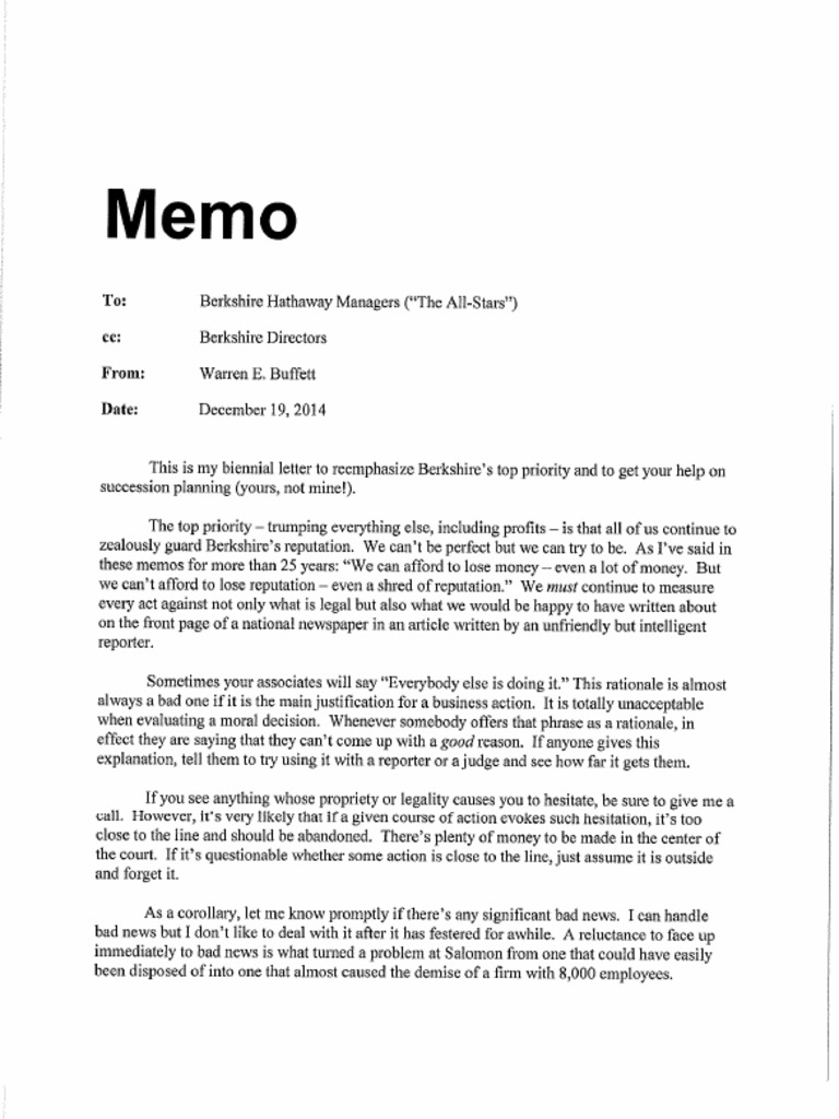 Warren Buffett Memo To Managers Reputation | PDF