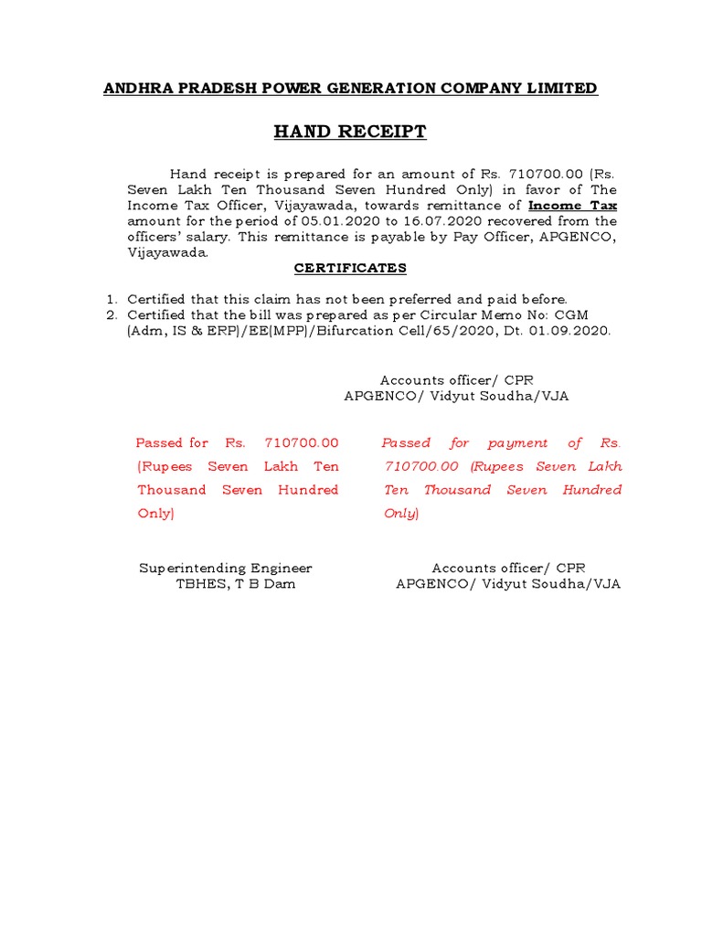Hand Receipt: Andhra Pradesh Power Generation Company Limited | PDF ...