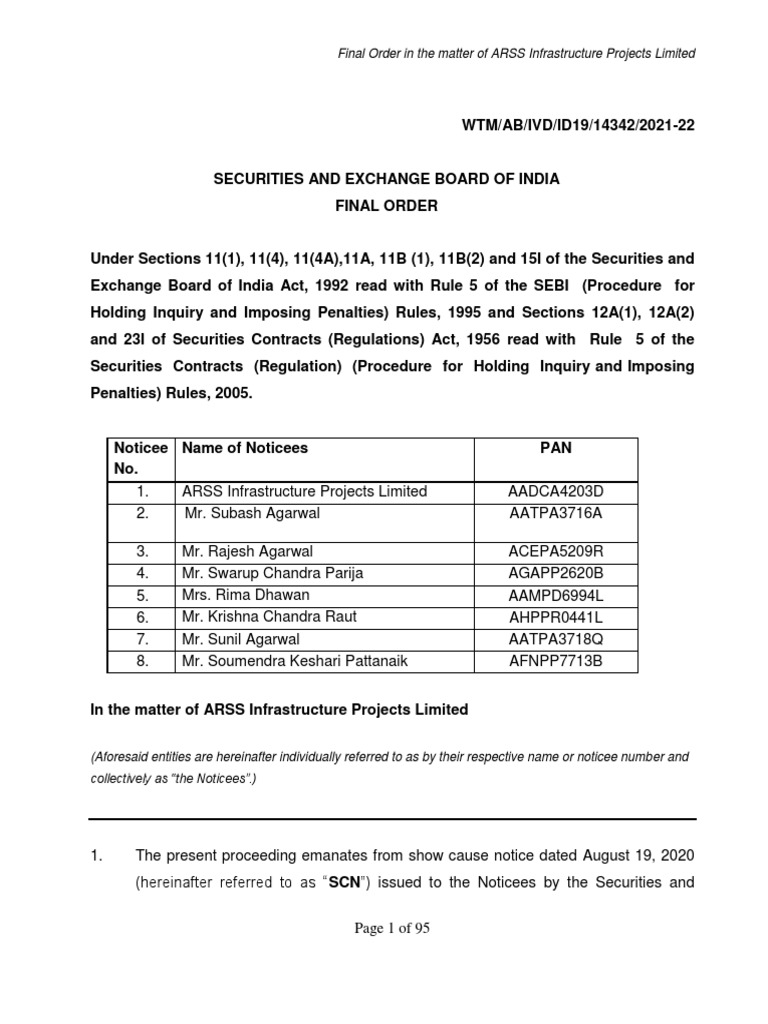 Final Order in The Matter of ARSS Infrastructure Projects Limited | PDF ...