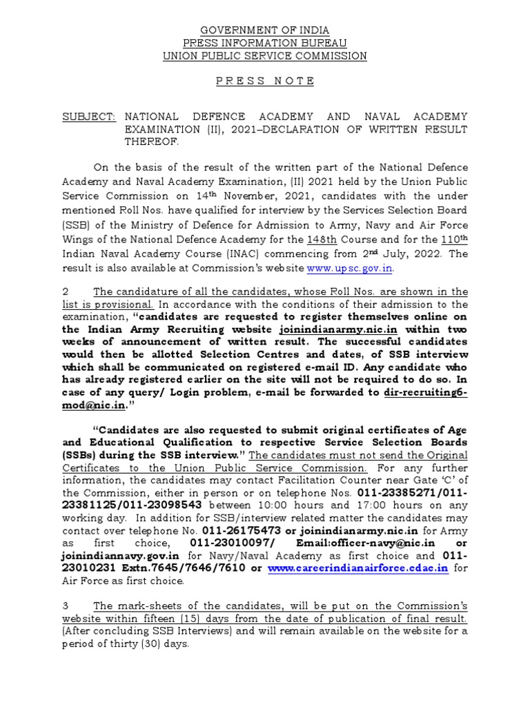 NDA & NA Exam II 2021 Results Declared | PDF | Government | Government ...