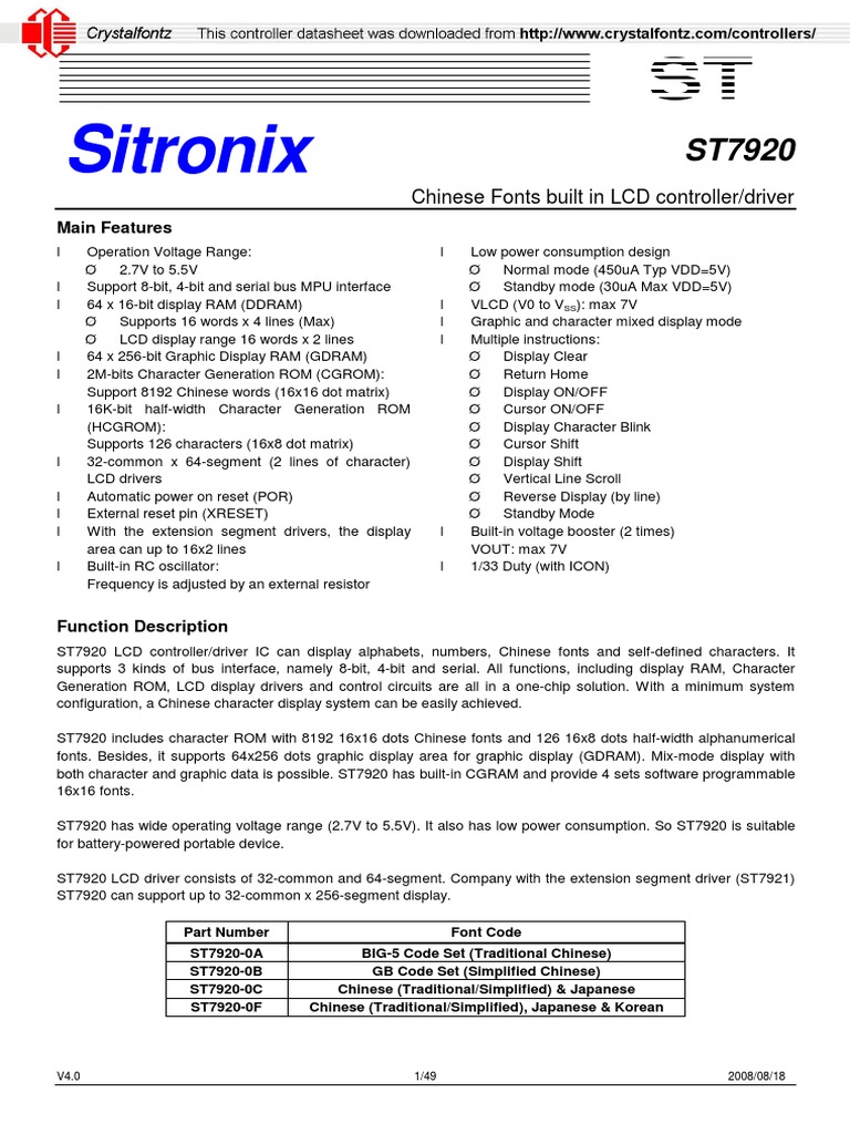 Sitronix: Chinese Fonts Built in LCD Controller/driver | PDF ...