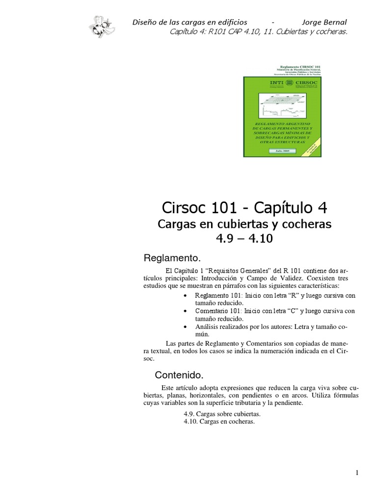 Cirsoc 101 - Capitulo 4 - Cargas en Cubiertas y Cocheras | PDF