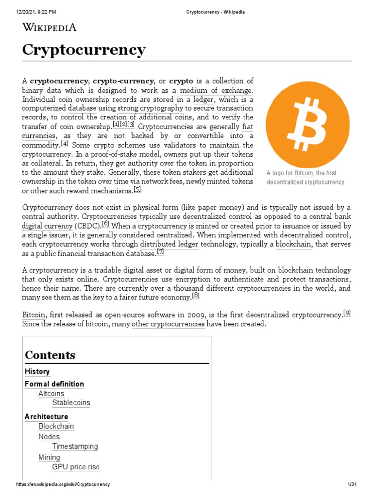Cryptocurrency - Wikipedia | PDF | Cryptocurrency | Bitcoin