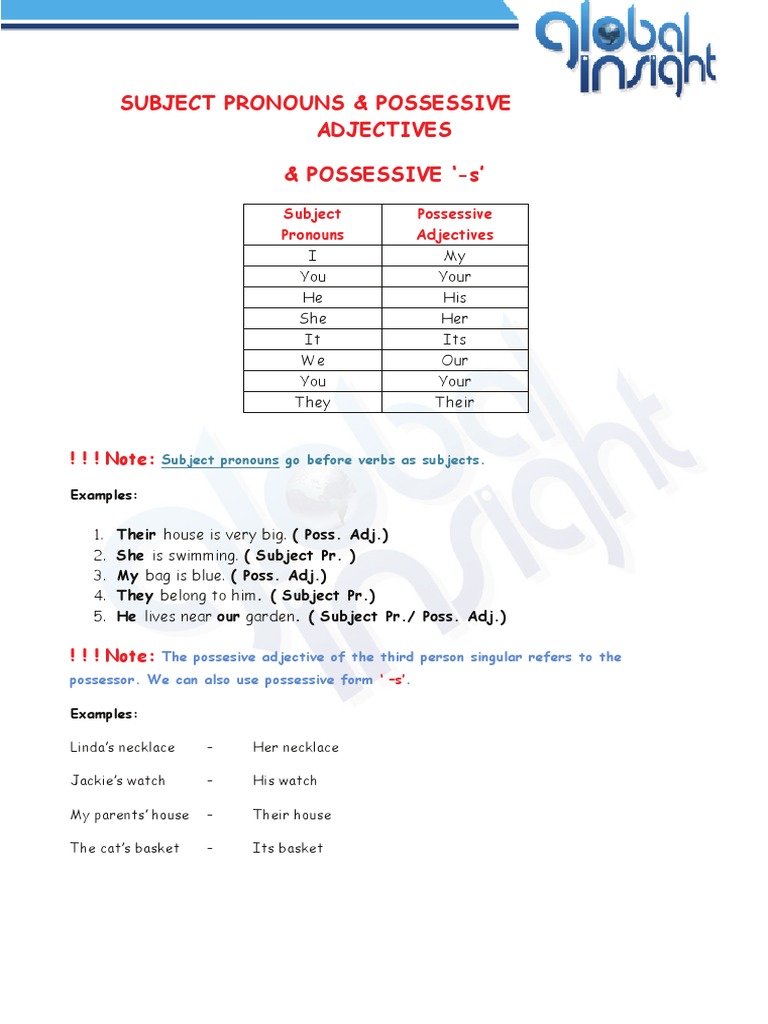 Subject Pronouns and Possessive Adjectives Guide | PDF | Subject ...