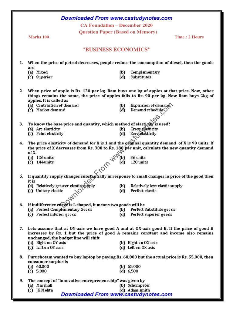"Business Economics": CA Foundation - December 2020 Question Paper ...