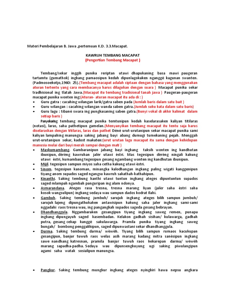 Materi PJJ 3.3. Macapat TEORI | PDF | Seni & Disiplin Bahasa | Kajian Bahasa Asing