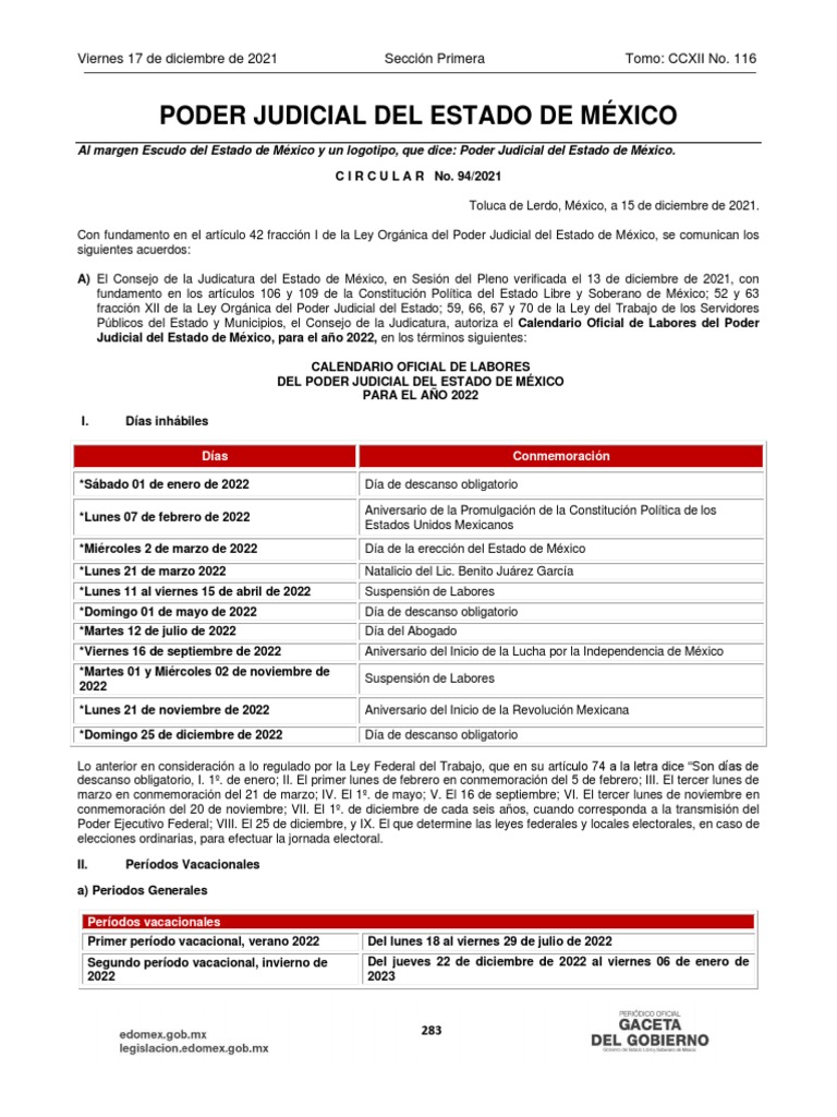 Calendario Oficial Poder Judicial Edomex 2022 | PDF | Juez | México