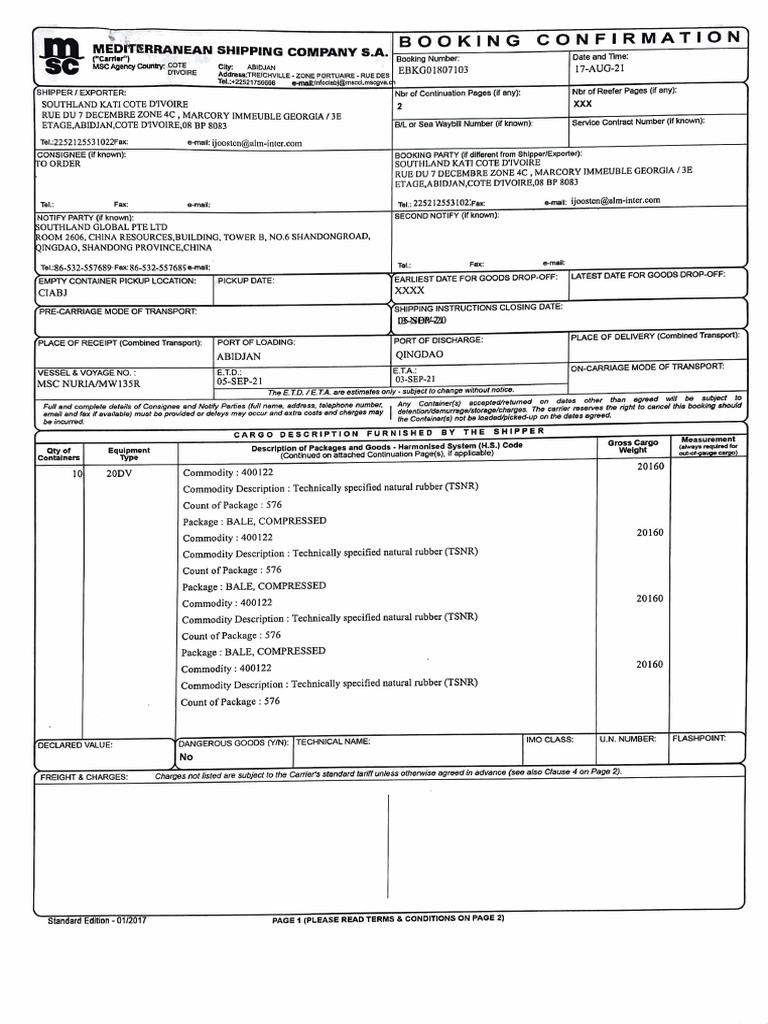 Booking Confirmation: R! Œrranean Shipping Company S.A | PDF | Cargo ...