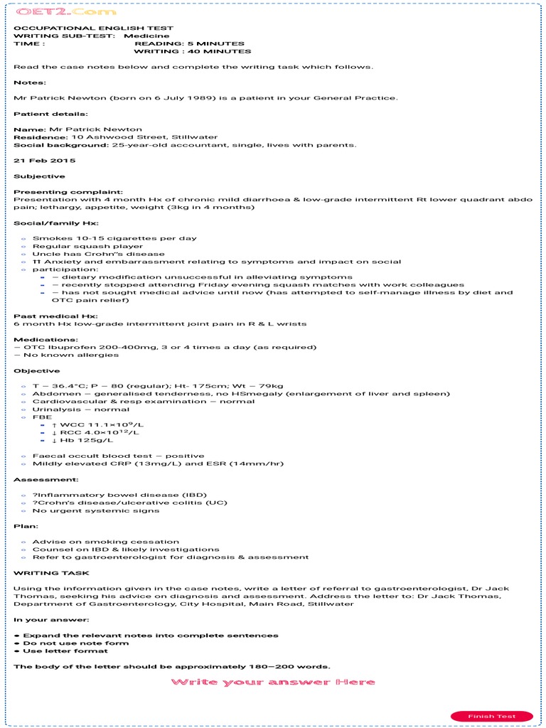 OET Writing Sample Test 2 | PDF | Inflammatory Bowel Disease | Clinical ...