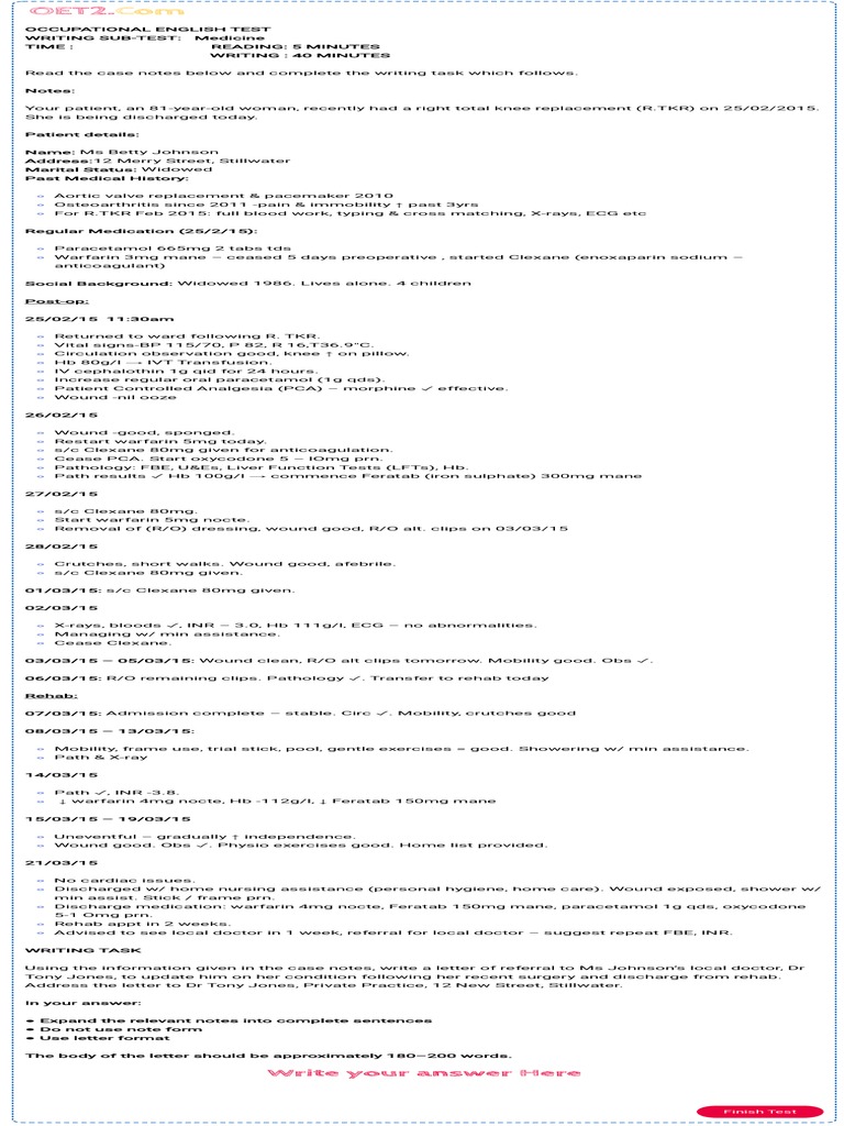 OET Writing Task: Patient Referral Sample | PDF | Medicine | Health ...