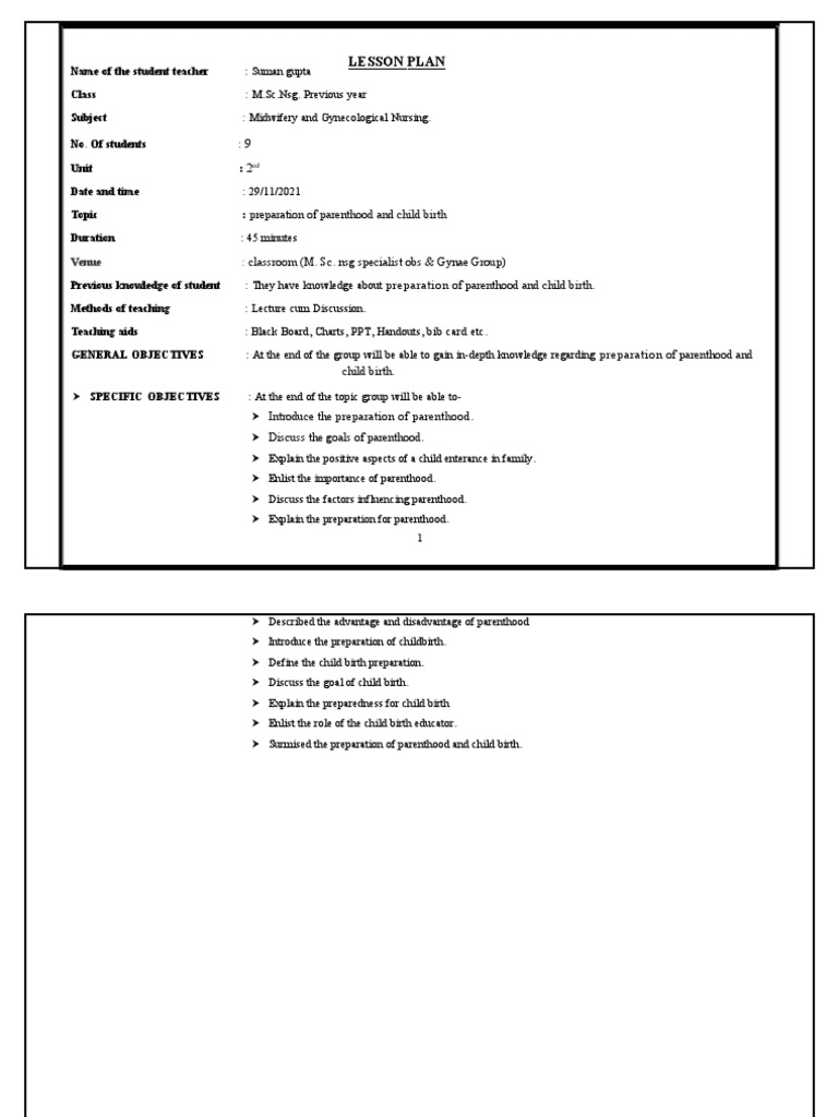 Lesson Plan of Preparation of Parenthood and Child Bieth | PDF ...