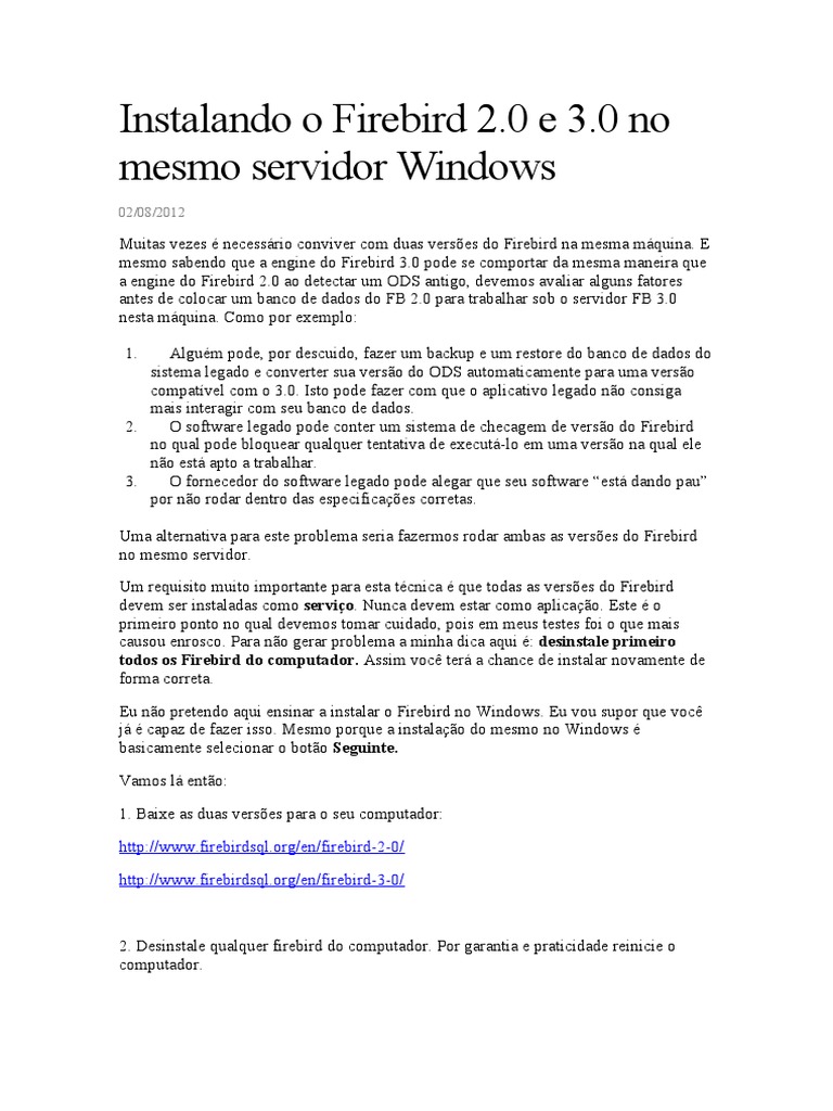 Instalando e Configurando o Firebird 2.0 e 3.0 | PDF | Microsoft Windows | Programas