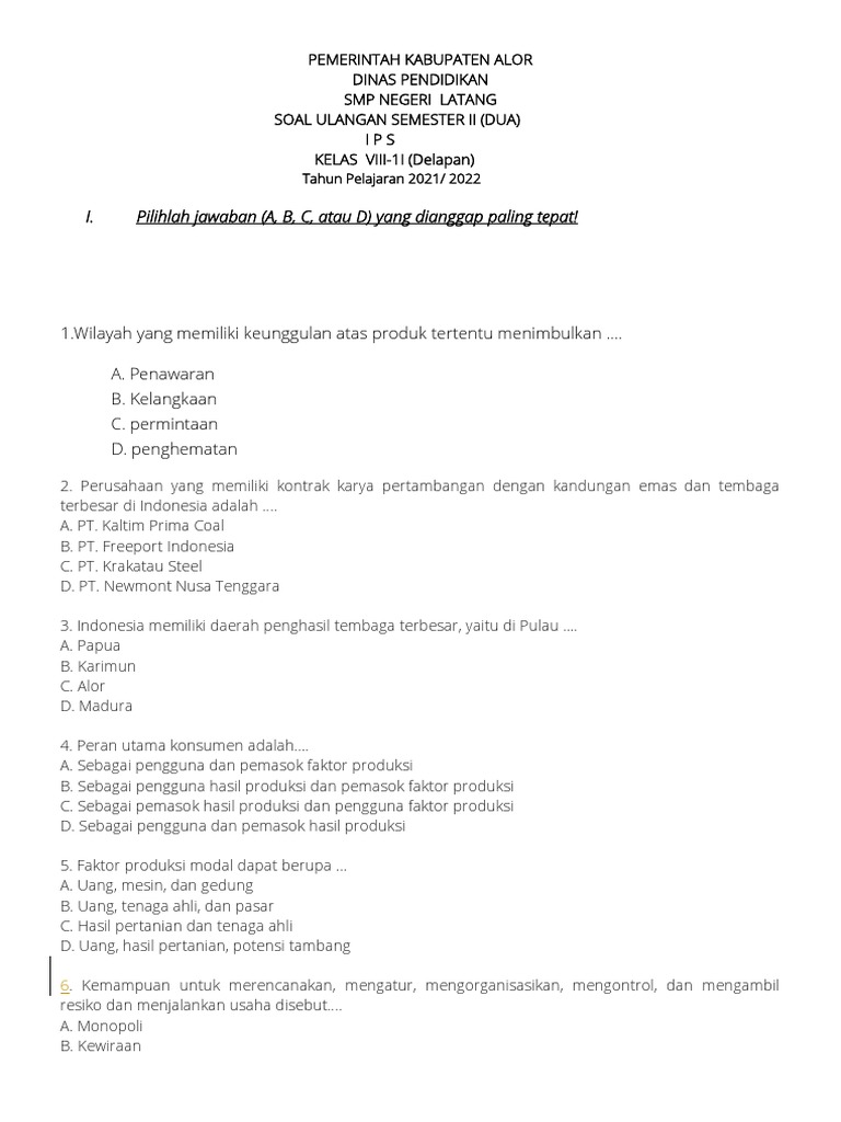 Format Soal Pas | PDF