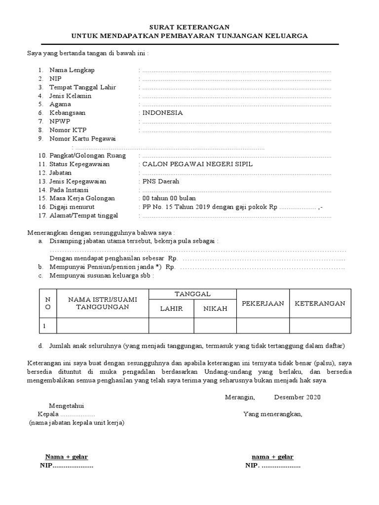 Surat Keterangan Tunjangan Keluarga | PDF