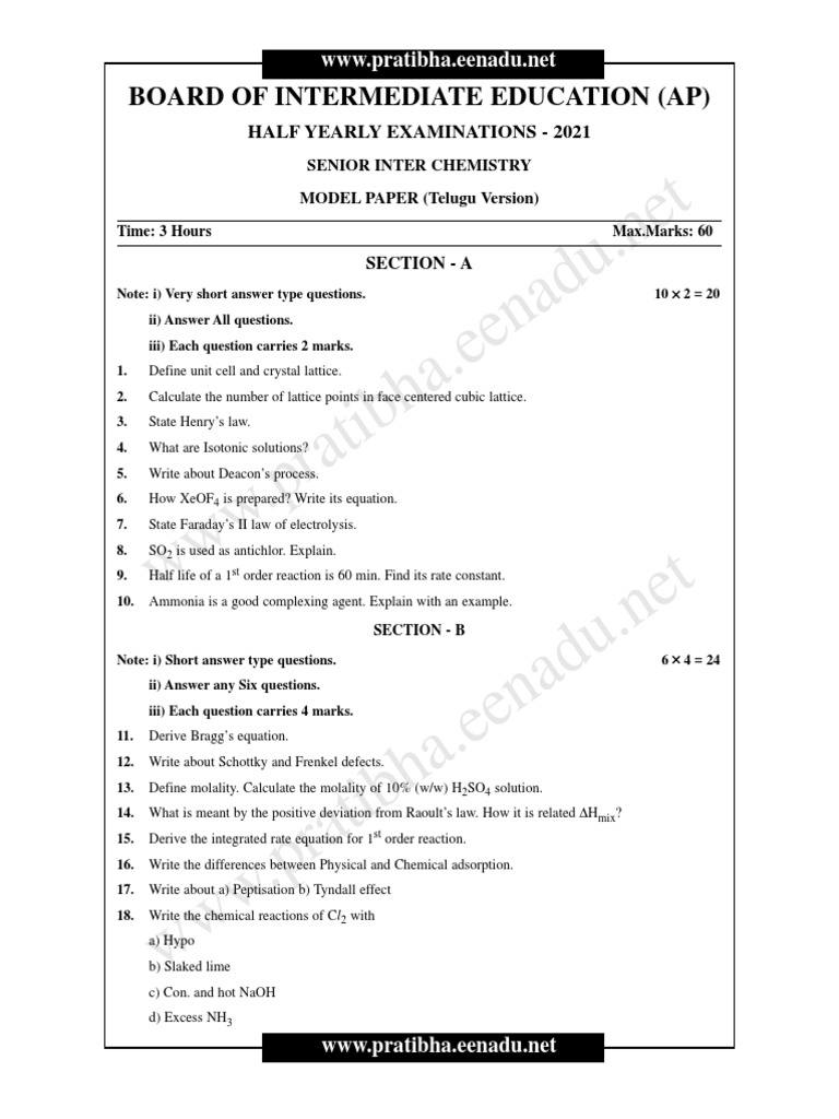 Board of Intermediate Education (Ap) : Half Yearly Examinations - 2021 ...