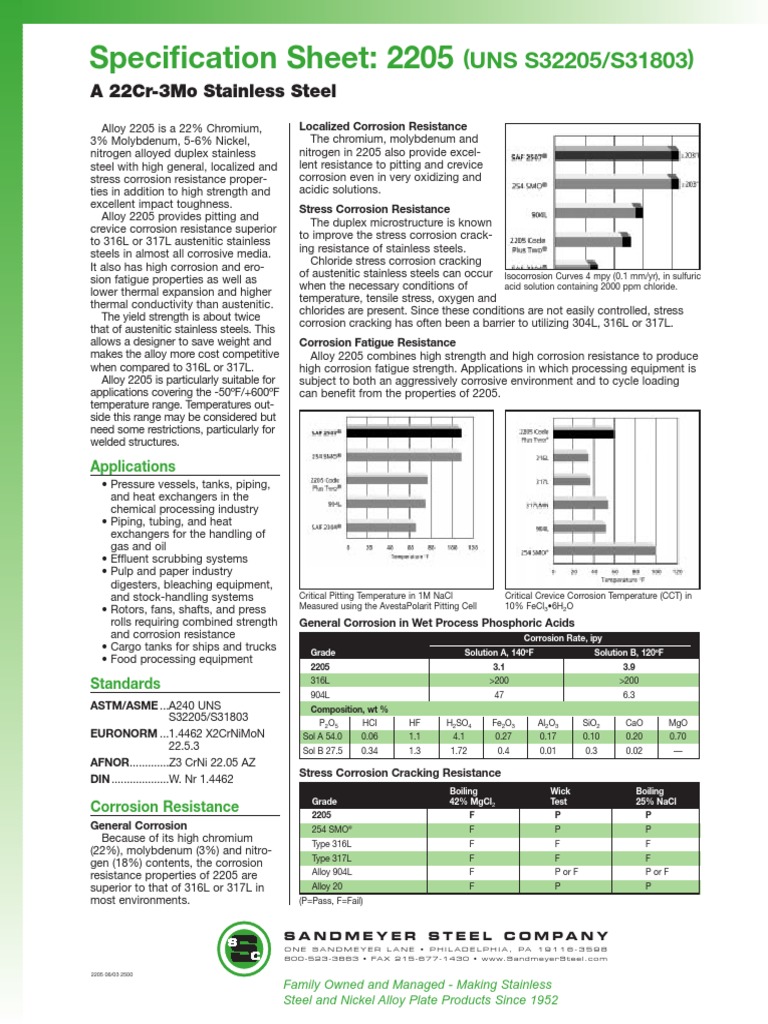2205 Spec Sheet | PDF | Stainless Steel | Steel