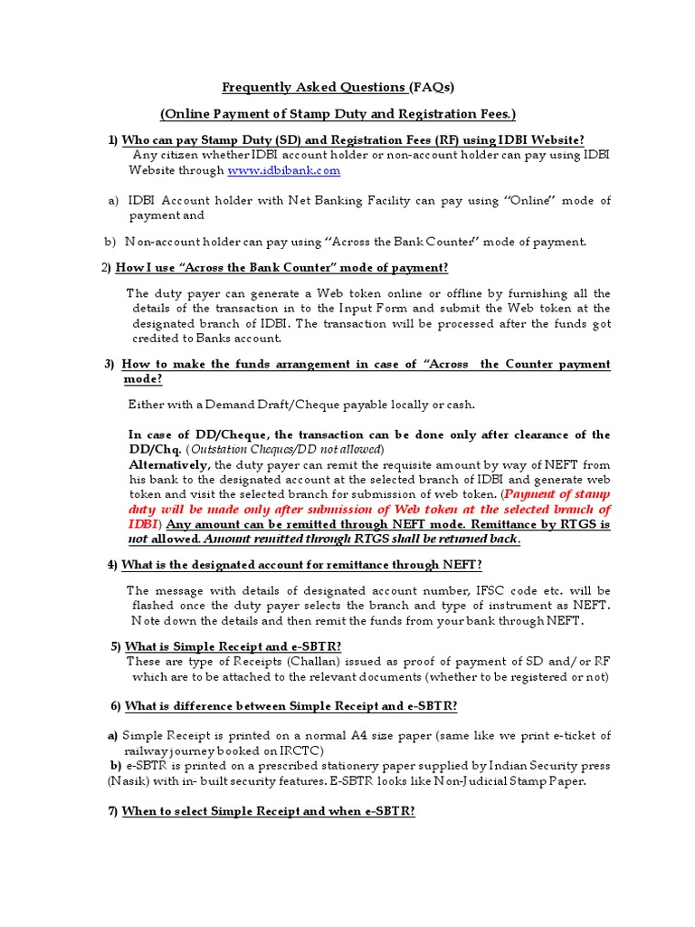 FAQs Online Payment of Stamp Duty and Registration Fees | PDF ...
