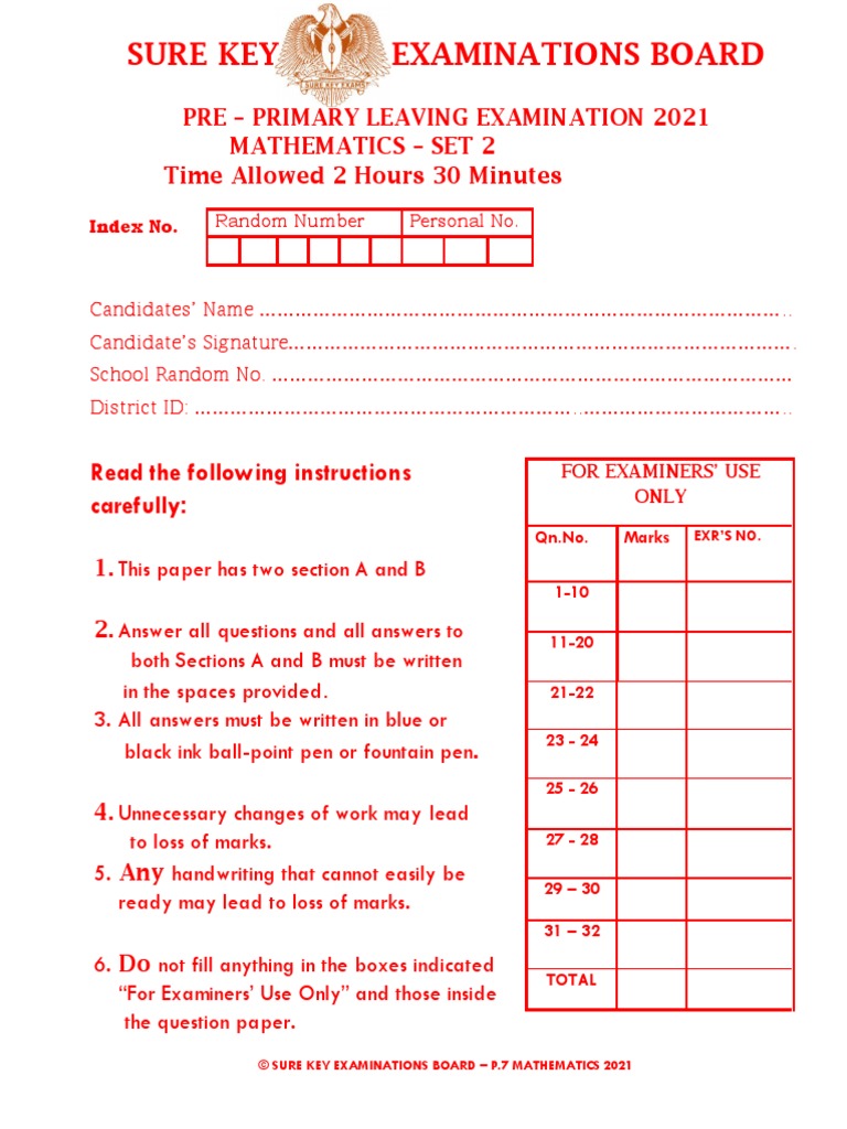 P7 Mathematics - Set 2 Sure Key Examinations Board Pre - Primary ...