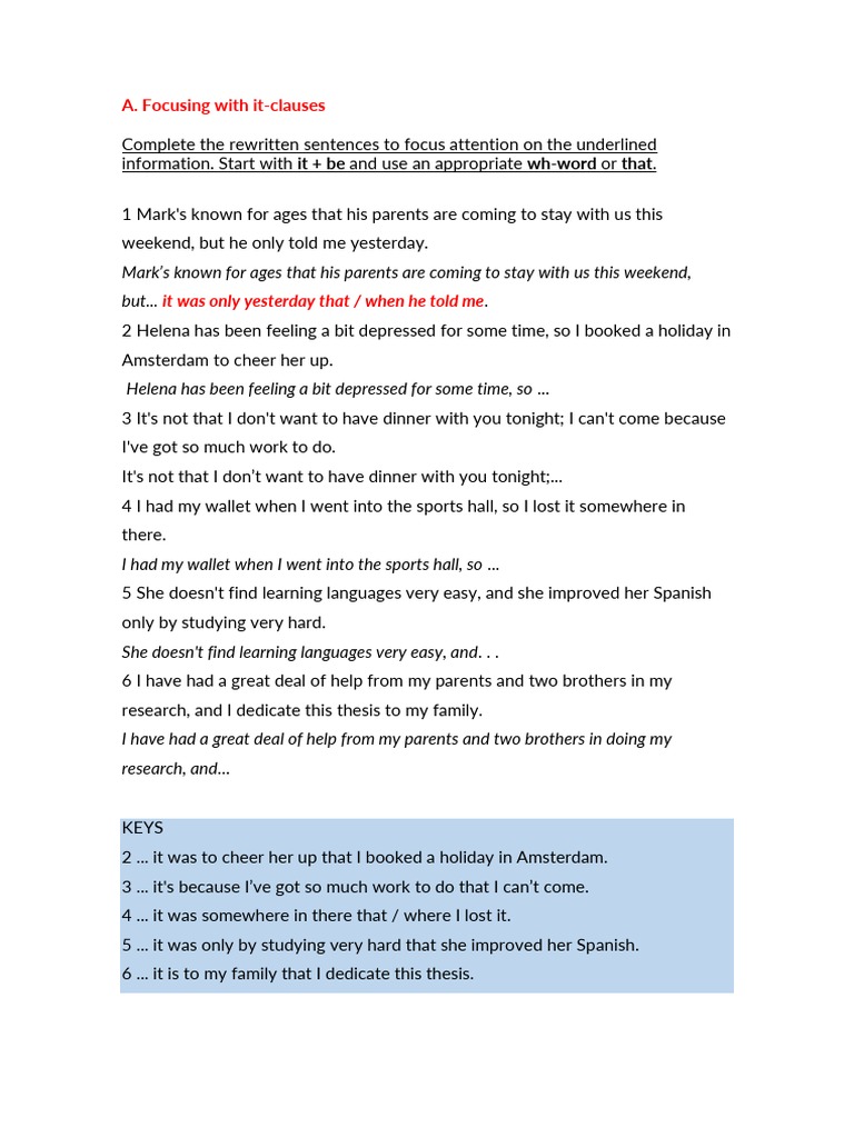 KEYS - Cleft Sentences Extra Practice | PDF | Language Arts & Discipline