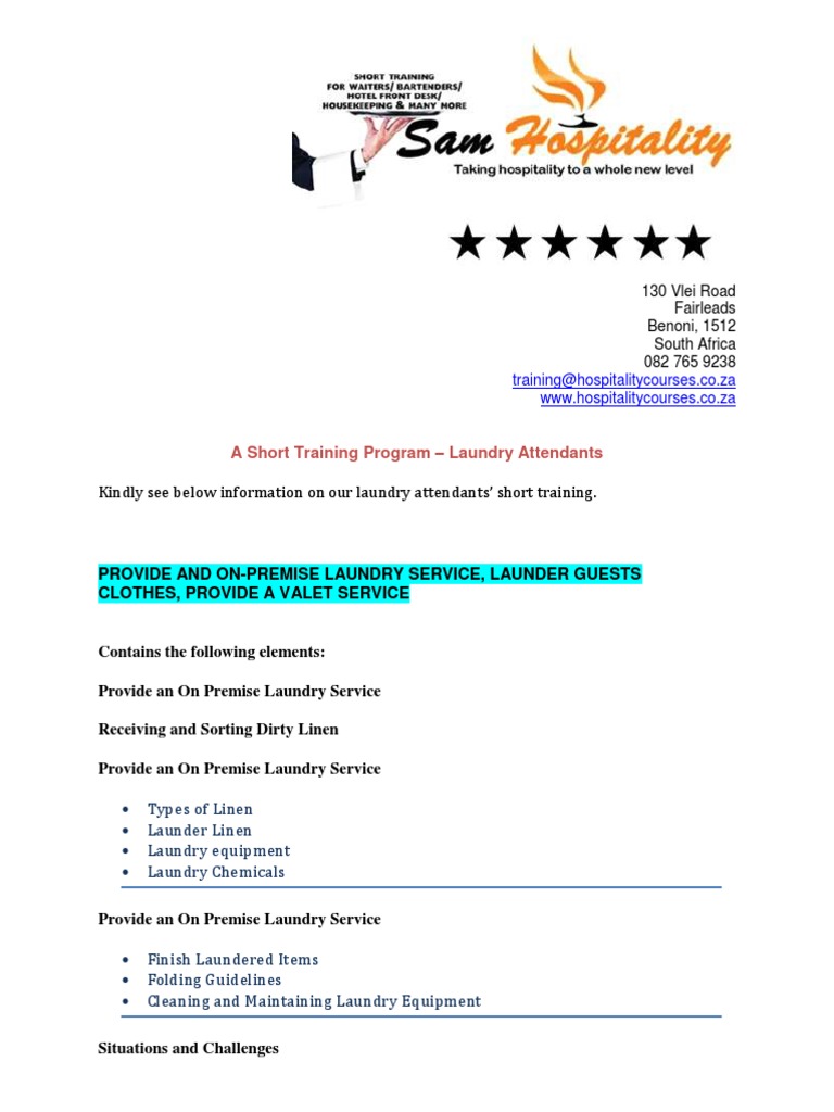 Laundry Attendant Training - Sam Hospitality | PDF | Laundry | Waste ...