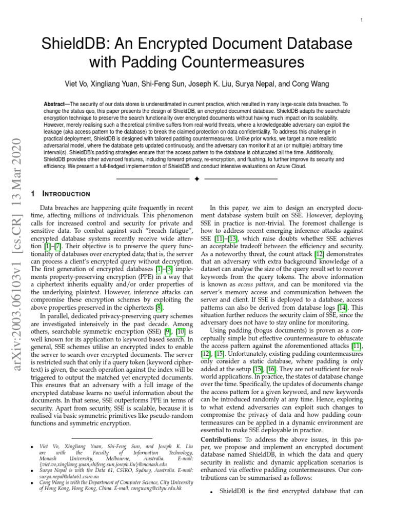 Shielddb: An Encrypted Document Database With Padding Countermeasures | PDF | Databases | Encryption