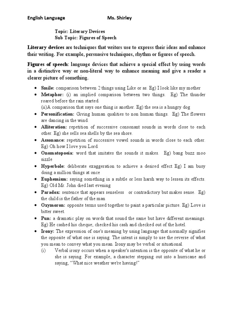 Figures of Speech Definitions and Examples CXC | Download Free PDF ...
