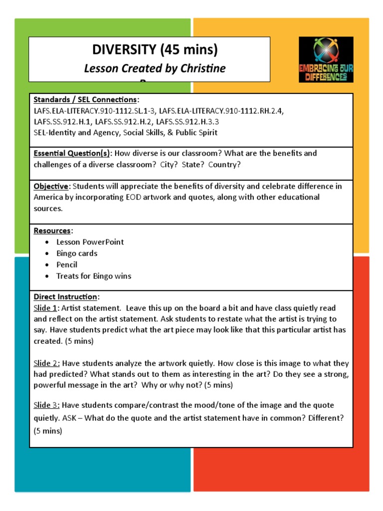 Celebrating Diversity Through Art, Quotes and Classroom Bingo | PDF ...