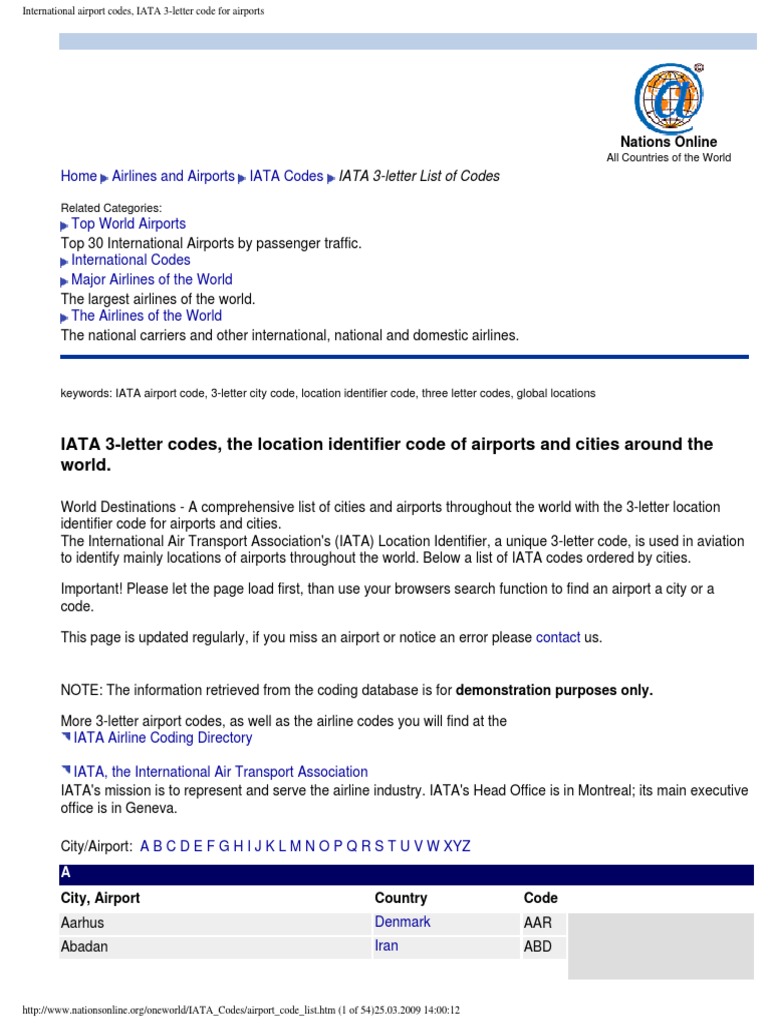 International Airport Codes, IATA 3-Letter Code For Airports | PDF ...