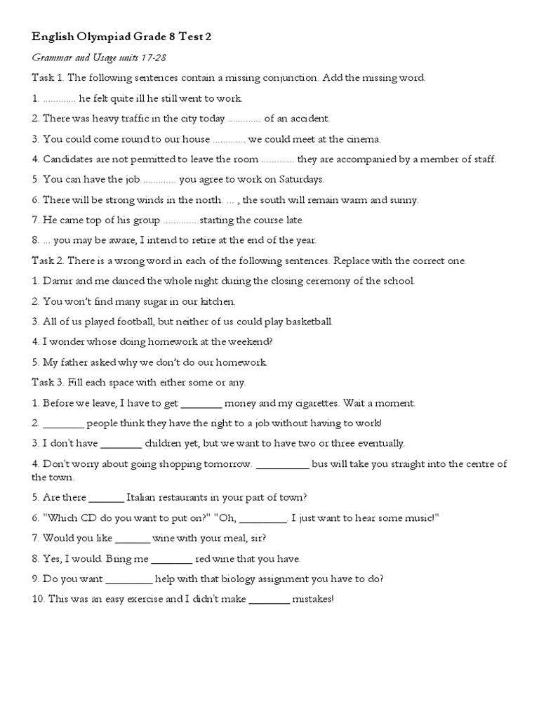 English Olympiad Grade 8 Test 2: Grammar and Usage Units 17-28 | PDF