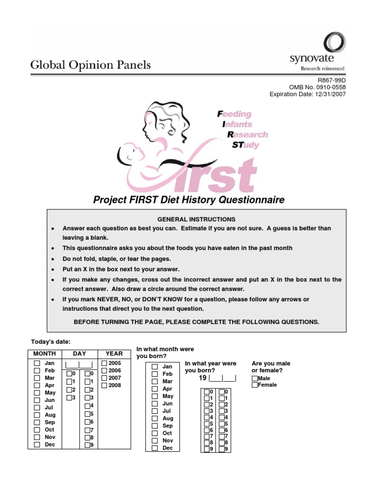 Project FIRST Diet History Questionnaire | PDF