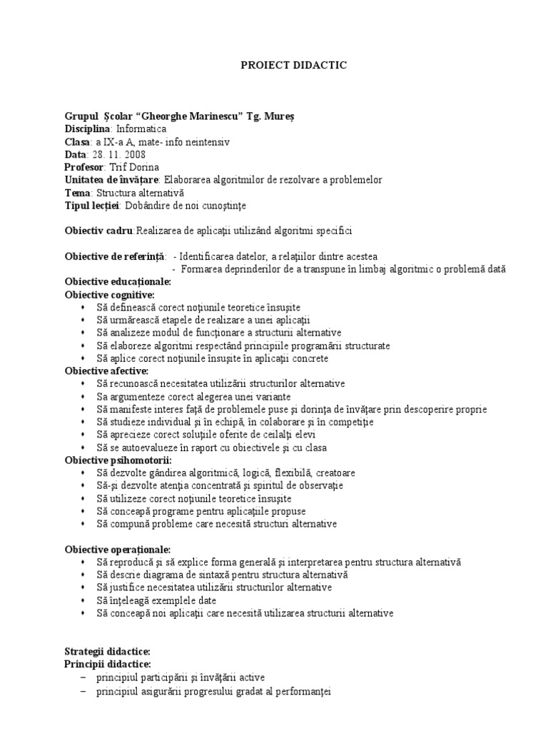 Proiect Didactic - Structura Alternativa | PDF