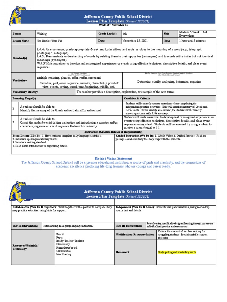 Jefferson County Public School District Lesson Plan Template | PDF ...