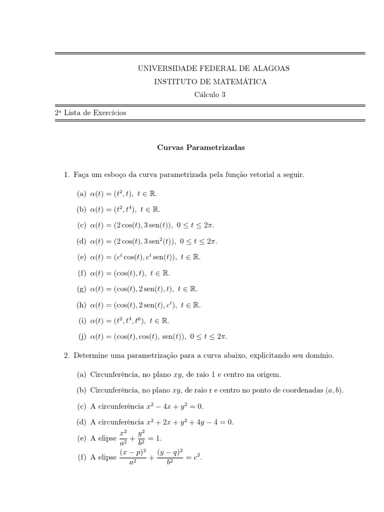 Lista 2 - Curvas Parametrizadas | PDF | Curva | Curvatura