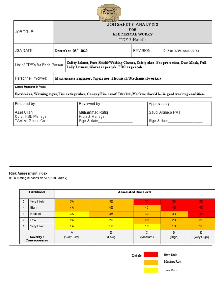 JSA For Electrical Work TCF3-Haradh | PDF | Safety | Electrical Engineering