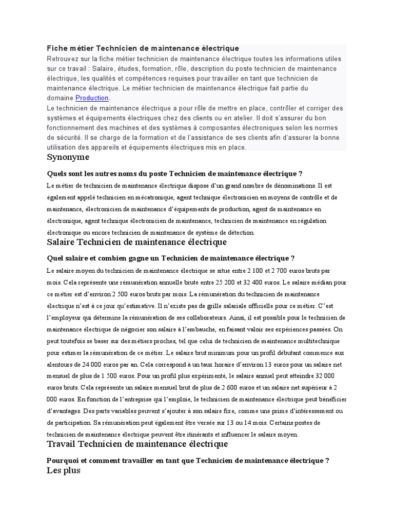Fiche Métier Technicien de Maintenance Électrique | PDF | Salaires | Informatique