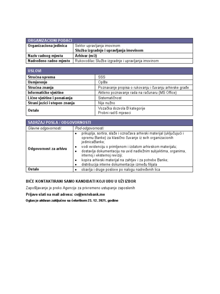 Arhivar Opis Poslova | PDF
